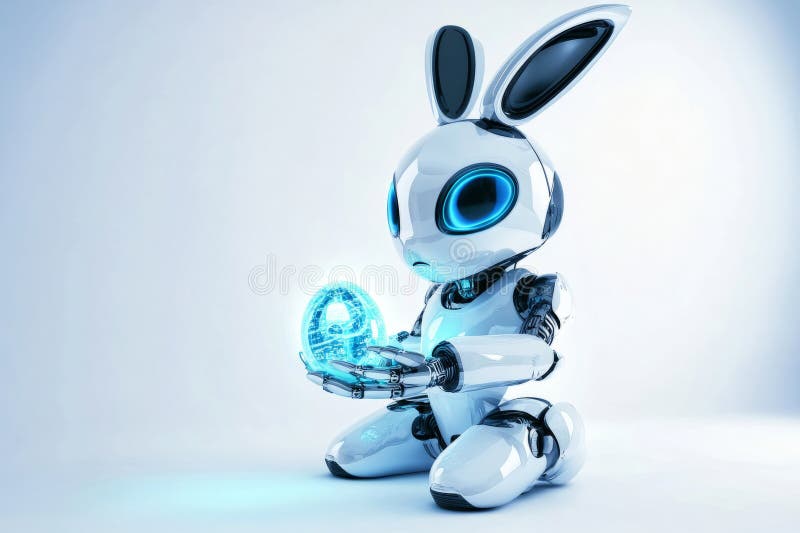 A Futuristic Easter Bunny Robot, Sleek and Metallic, Carefully Holding ...