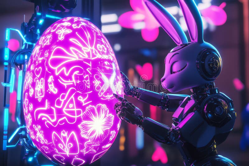 A Futuristic Easter Bunny with a Robotic Arm, Carefully Painting a High ...