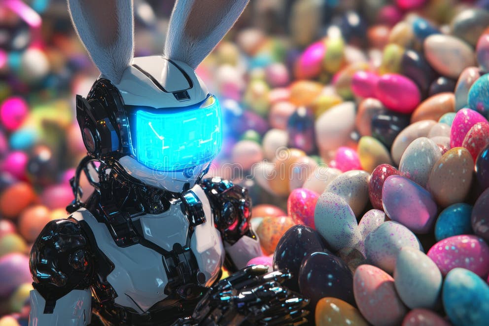 A Futuristic Easter Bunny in a Robotic Exoskeleton, Scanning a Pile of ...