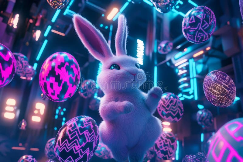 A Futuristic Easter Bunny Surrounded by Floating, Neon-lit Easter Eggs ...