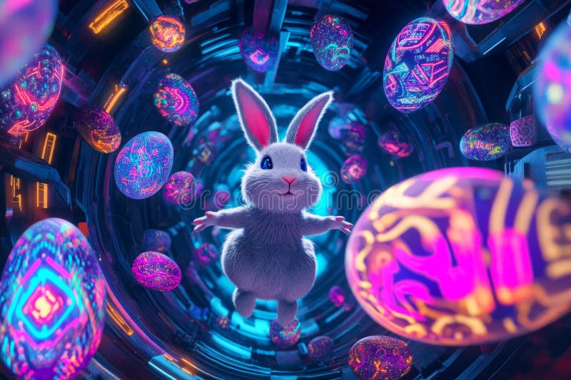 A Futuristic Easter Bunny Surrounded by Floating, Neon-lit Easter Eggs ...