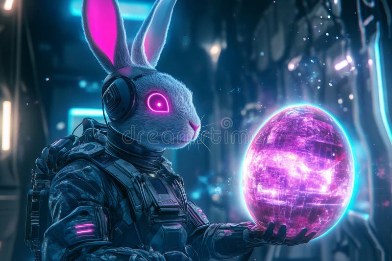 Futuristic Easter Bunny Tech Suit Neon Eyes Standing Front Holographic ...