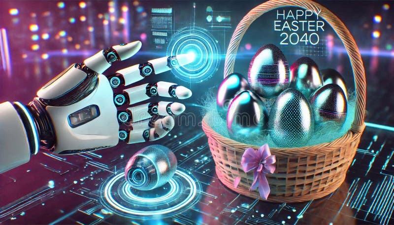 Futuristic Easter Celebration with AI, Robotic Hand, and Glowing Cyber ...