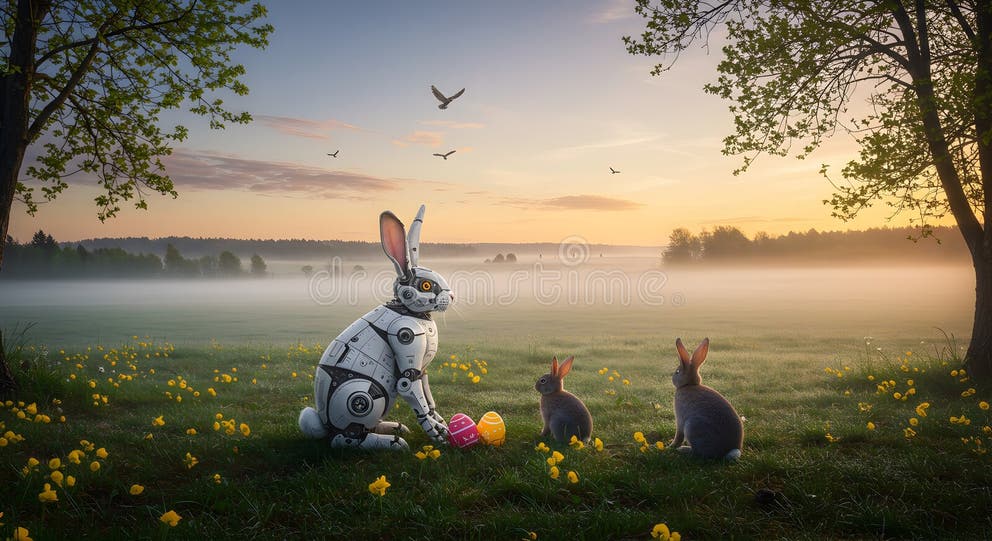 Futuristic Easter Dawn Featuring Robot Rabbit with Two Rabbit in Bloom ...