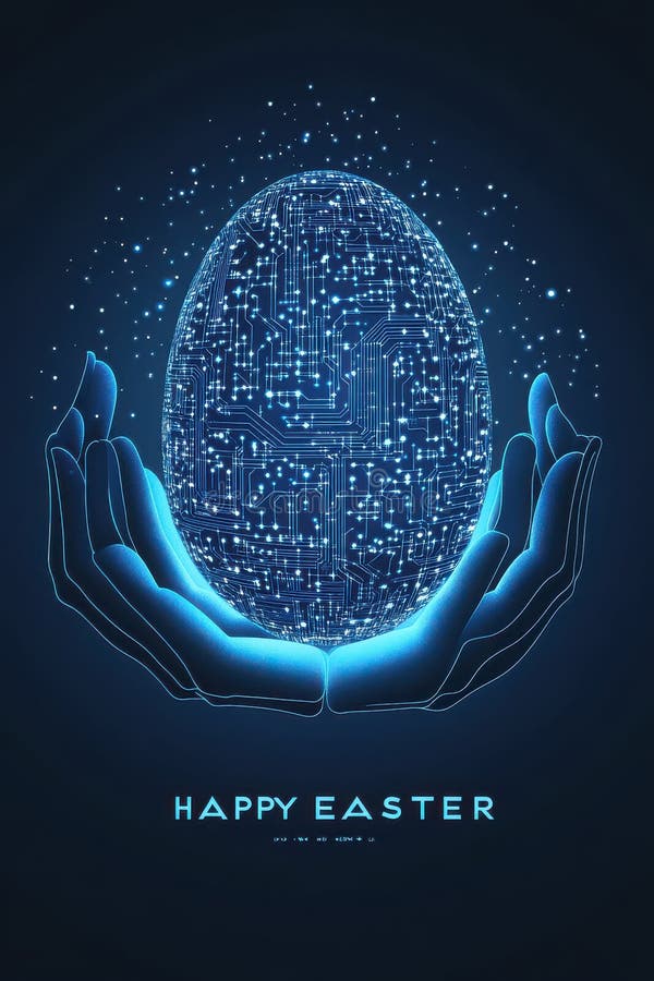 Futuristic Easter Egg Design with Glowing Circuit Board in Hands Stock ...