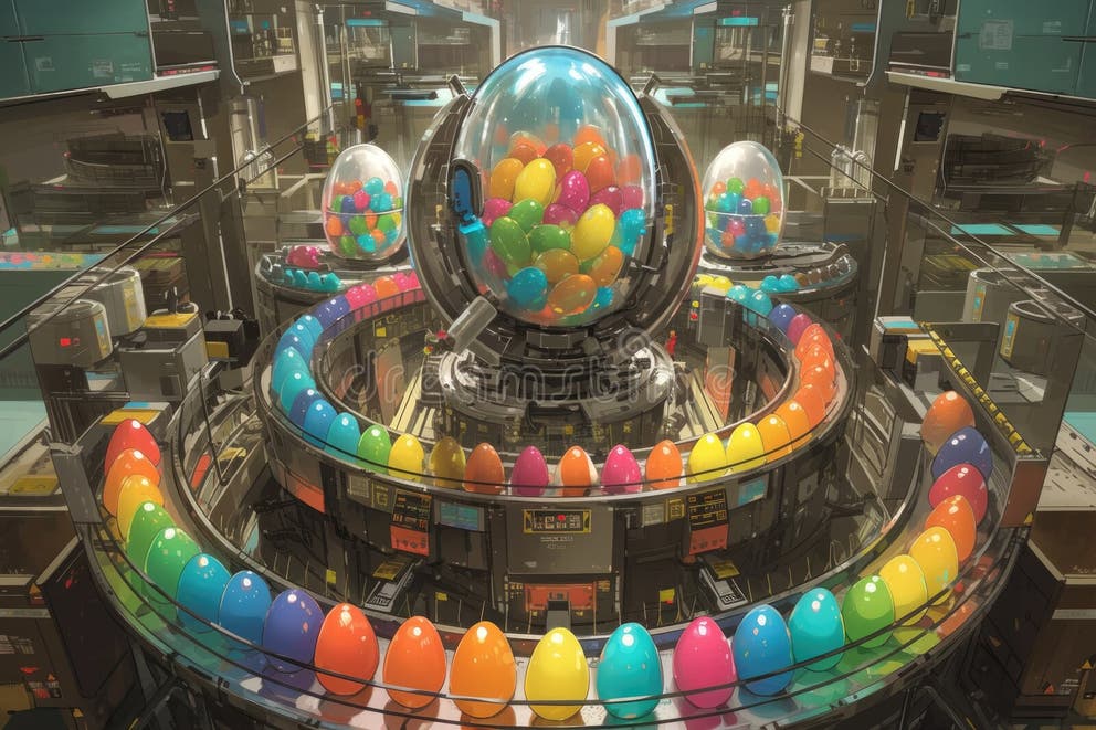 A Futuristic Easter Egg Processing Facility with a Central Glass Dome ...