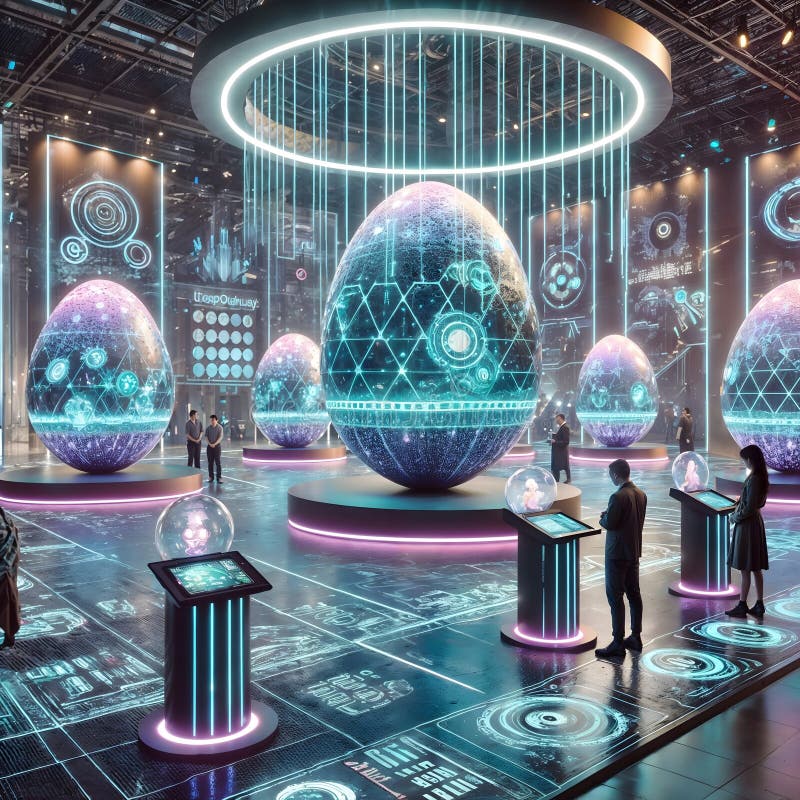 Futuristic Easter Exhibition Featuring Giant Holographic Eggs and Digital Panels Stock Photo ...