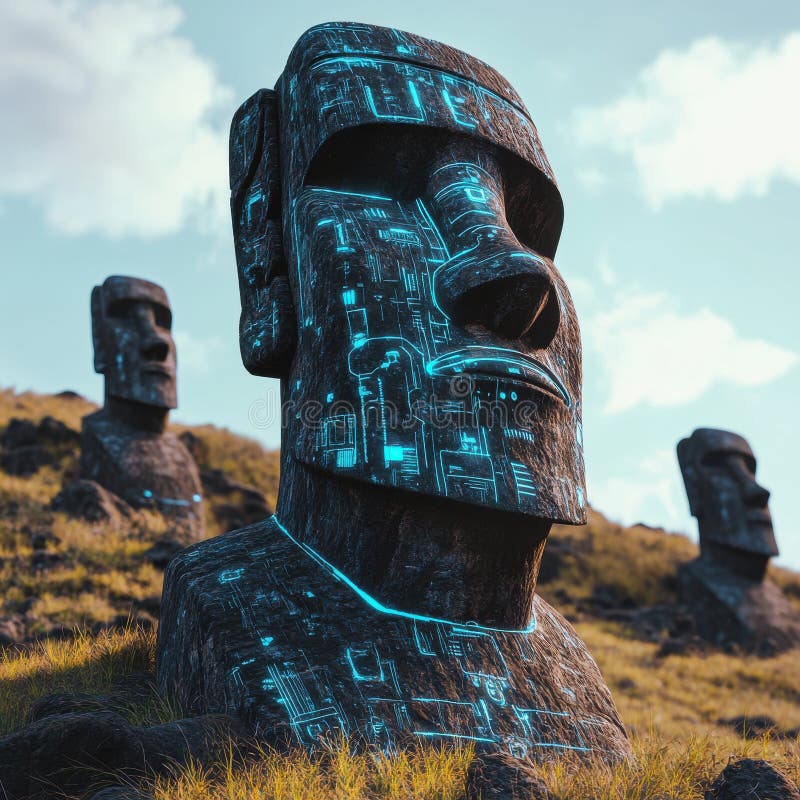 Futuristic Easter Island Statues with Digital Circuit Patterns Stock ...