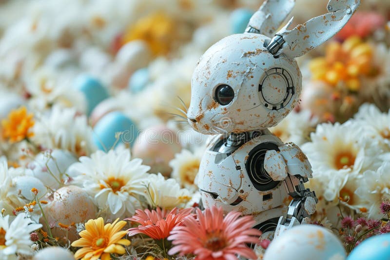 Futuristic Easter: Robot Rabbit Exoskeleton with Colorful Eggs and ...