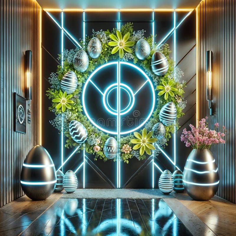 Futuristic Easter Wreath with Glowing Neon Elements and Metallic Eggs ...