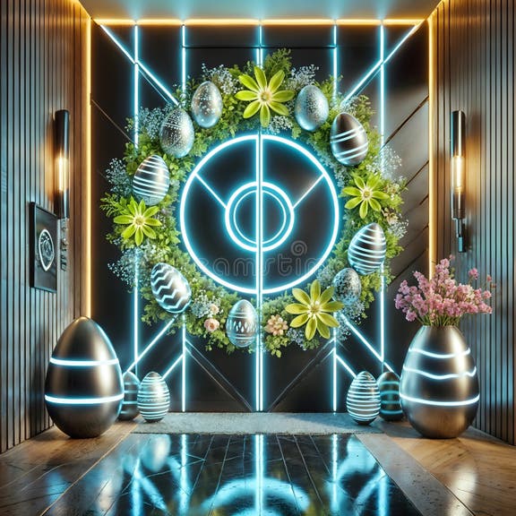 Futuristic Easter Wreath with Glowing Neon Elements and Metallic Eggs ...