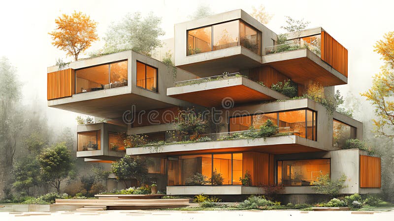 Futuristic Eco-apartment Building, Forest Setting, Illuminated ...