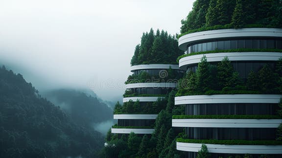 Futuristic Eco-Building Complex Integrated with Lush Forest Environment ...