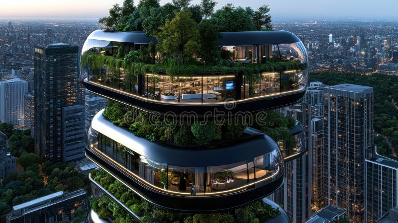 A Futuristic Eco-building Covered in Greenery Stands at a Busy ...