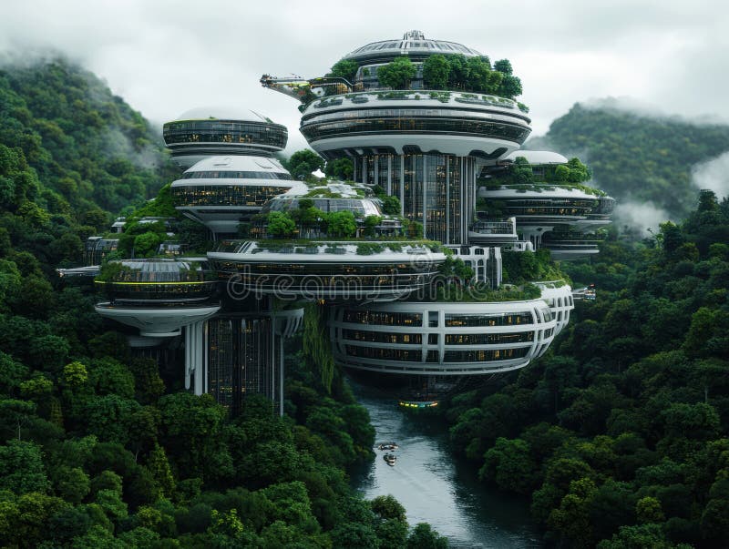 A Futuristic Eco-city with Greenery-covered Domed Structures Hovers ...