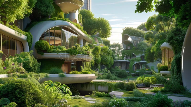 Futuristic Eco-Friendly Architecture. Modern Structures with Lush ...