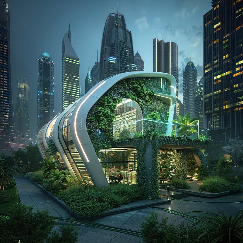 Futuristic Eco-friendly Building in a Modern City Stock Illustration ...
