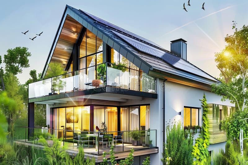 Futuristic Eco-Friendly Home with Solar Panels Stock Illustration ...