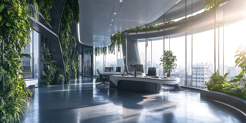 Futuristic EcoFriendly Office with Solar Panels and Green Technology ...