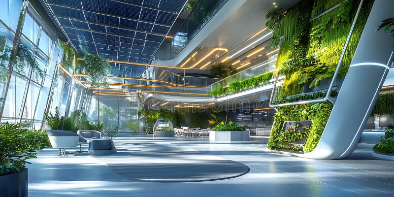 Futuristic EcoFriendly Office with Solar Panels and Green Technology ...