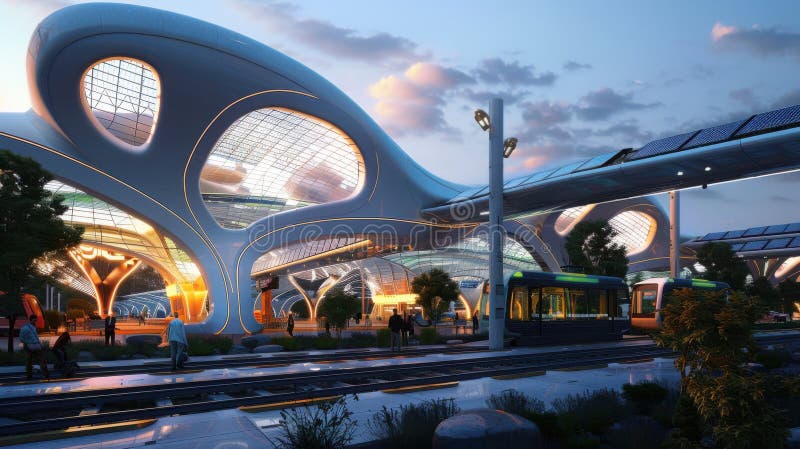 Futuristic, Eco-friendly Public Transport Station Stock Illustration ...