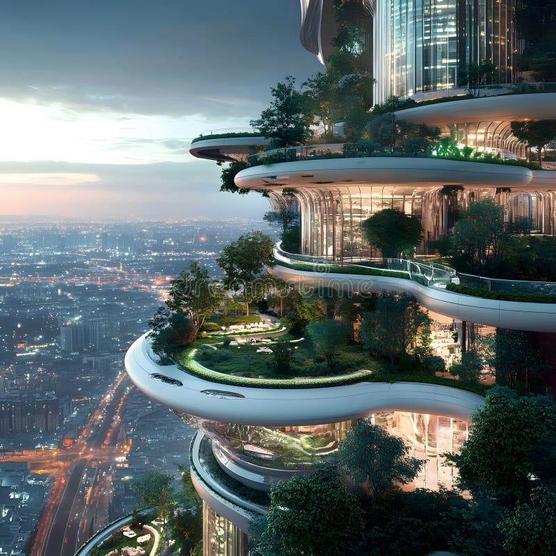 Futuristic Eco Friendly Skyscraper with Vertical Gardens at Twilight ...