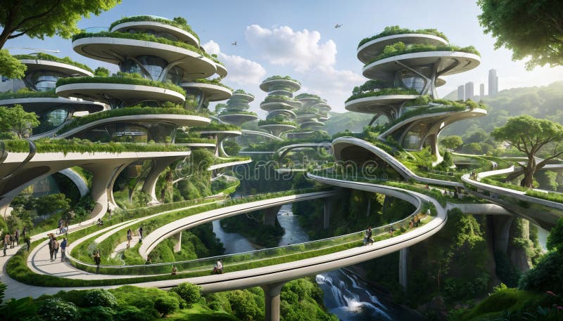 Futuristic Eco-Friendly Structure with Lush Greenery and People Walking ...