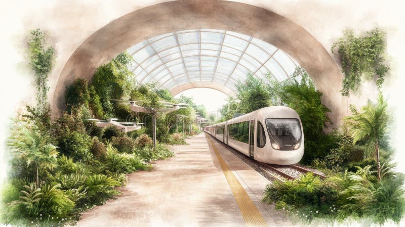 Futuristic Eco-friendly Train Station with Lush Greenery and Drone ...