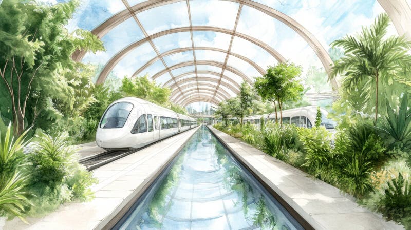 Futuristic Eco-friendly Train Station with Lush Greenery and Modern ...