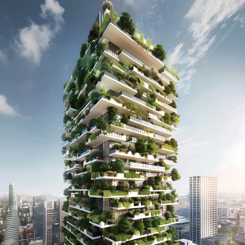 A Futuristic Eco-Friendly Vertical Forest Skyscraper Stock Illustration ...