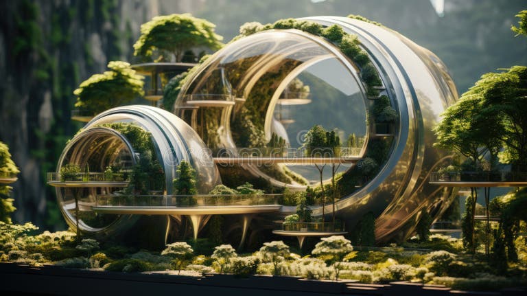Futuristic Eco-pod Architecture with Lush Greenery in a Natural Setting ...
