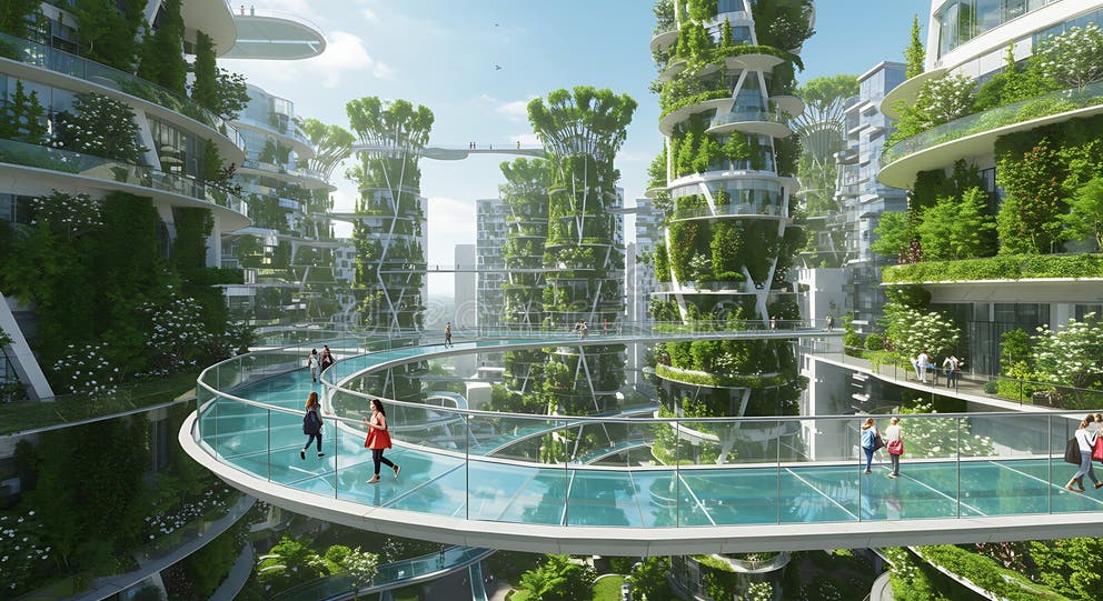Futuristic Eco Skyscrapers and Elevated Paths Stock Illustration - Illustration of vertical ...