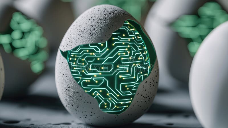 A Futuristic Egg Cracked Open, Revealing a Vibrant Green Circuit Board ...