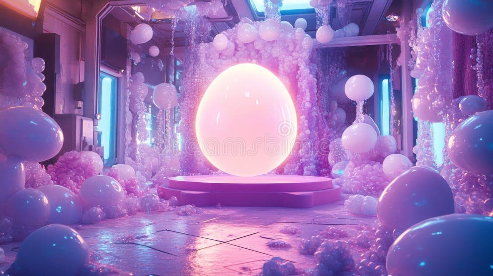 Futuristic Egg Display in a Bubble Filled Room Stock Illustration ...