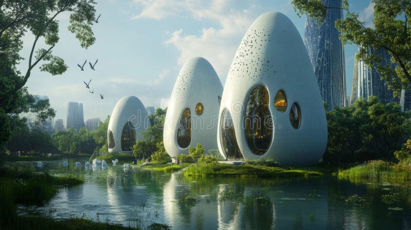 Futuristic Egg Shaped Buildings in a City Park Stock Illustration ...