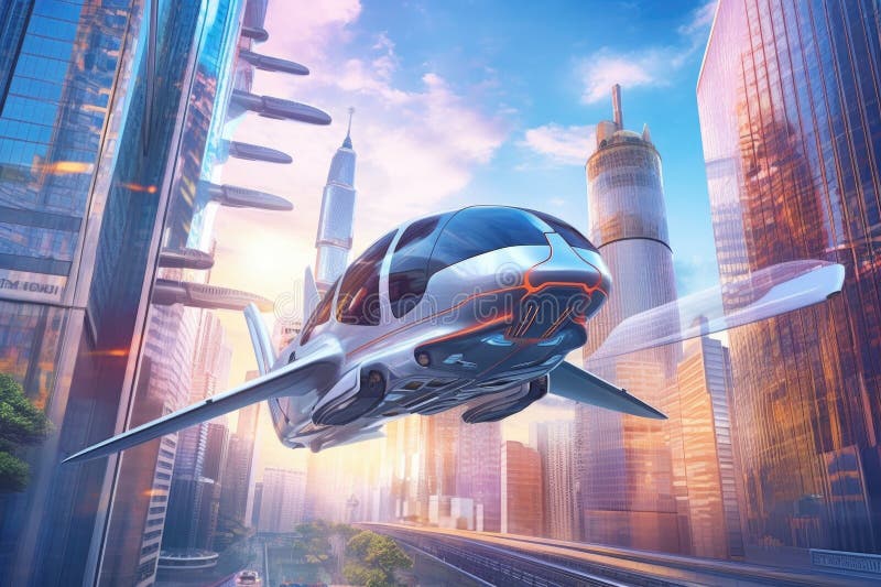 Futuristic Electric Air Bus Gliding through Skyscrapers Stock ...