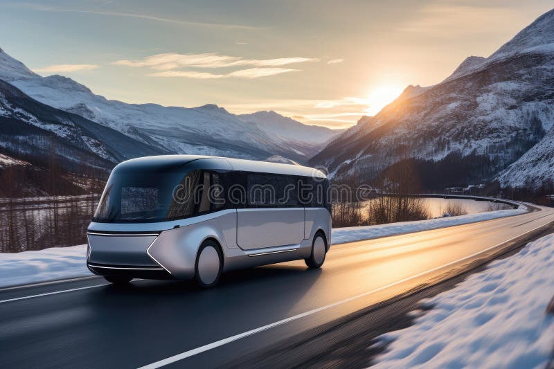 Futuristic Electric Autonomous Bus Driving on an Open Highway Stock ...