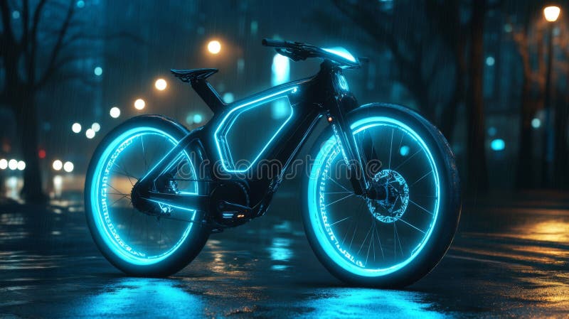 Futuristic Electric Bicycle Glowing Blue at Night in City Stock ...