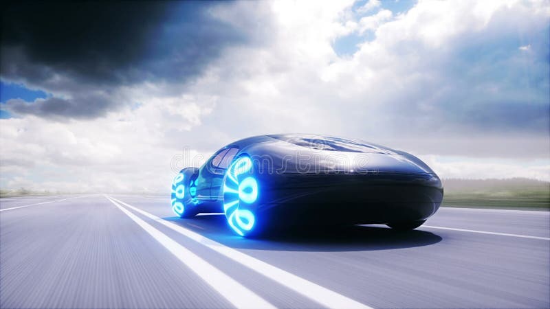 Futuristic Electric Black Car on Highway. Very Fast Driving. Stock ...