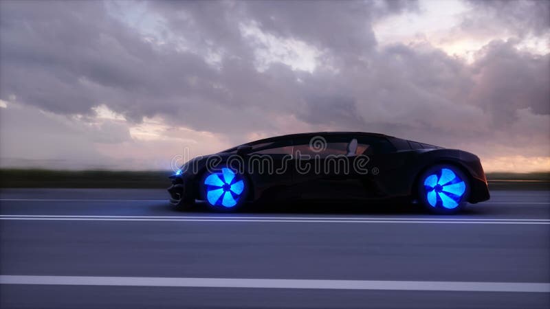 Futuristic Electric Black Car on Highway. Very Fast Driving. Stock ...