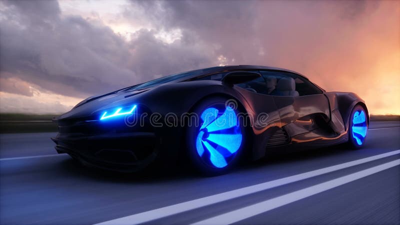 Futuristic Electric Black Car on Highway. Very Fast Driving. Stock ...