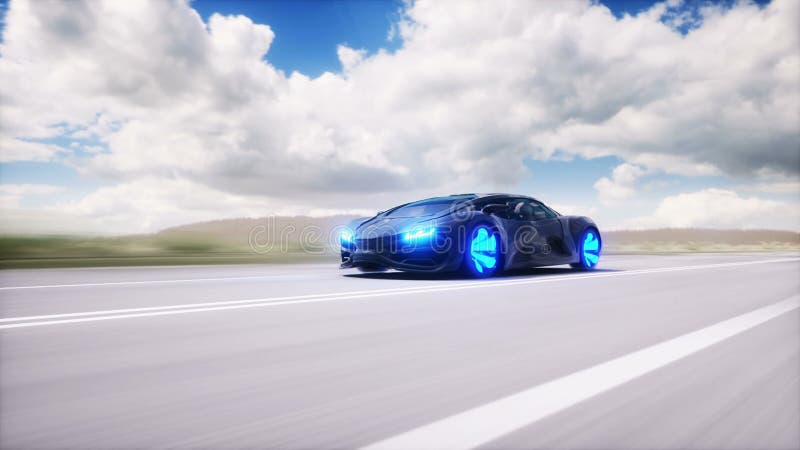 Futuristic Electric Black Car on Highway. Very Fast Driving. Stock ...