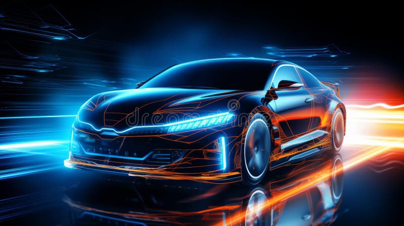 Futuristic Electric Black Car on Holographic Wireframe Digital ...