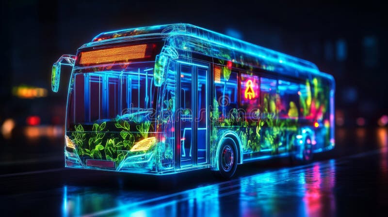 Futuristic Electric Bus in Neon City at Night Stock Illustration ...
