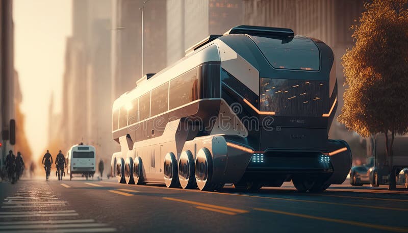 Futuristic Electric Bus on the Street. Generative AI Stock Illustration ...