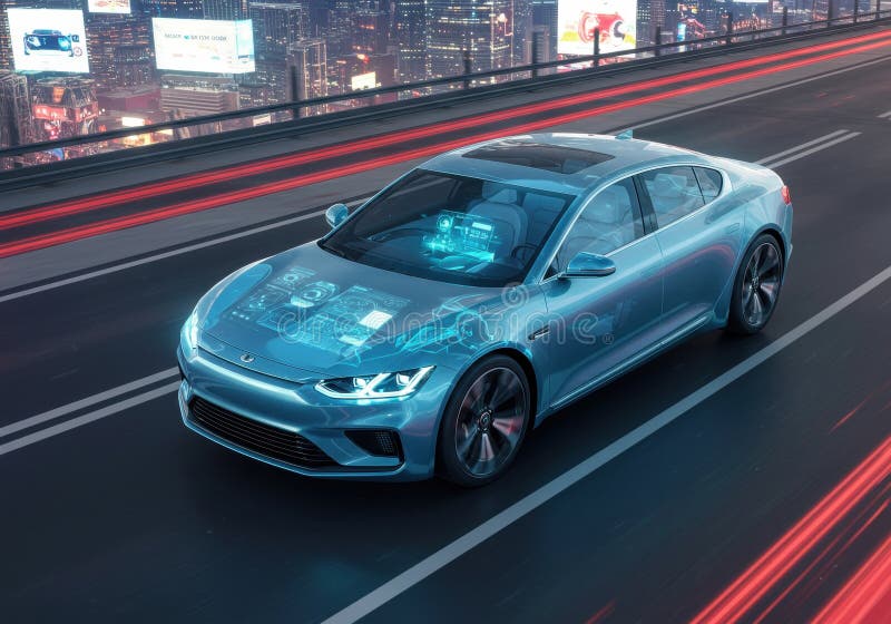 Futuristic Electric Car with Augmented Reality Interface on a City ...