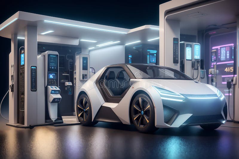 Futuristic Electric Car Being Charged on a Large Charging Station, AI ... Futuristic Electric Car Being Charged on a Large Charging Station, AI ...