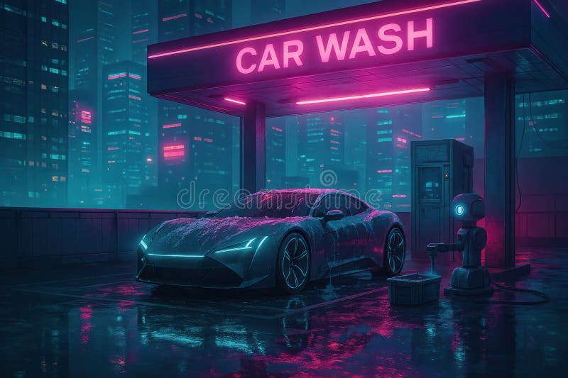 Futuristic Electric Car Being Cleaned by Robot Under Neon Lights at ...