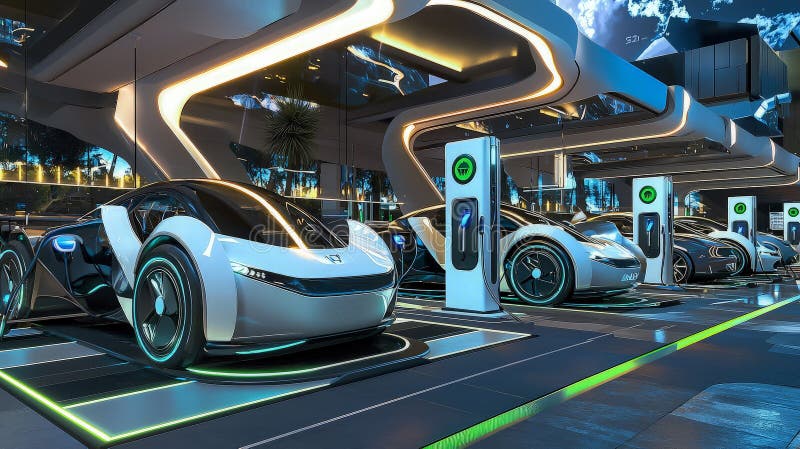 Futuristic Electric Car Charging Station at Night Stock Photo - Image ...