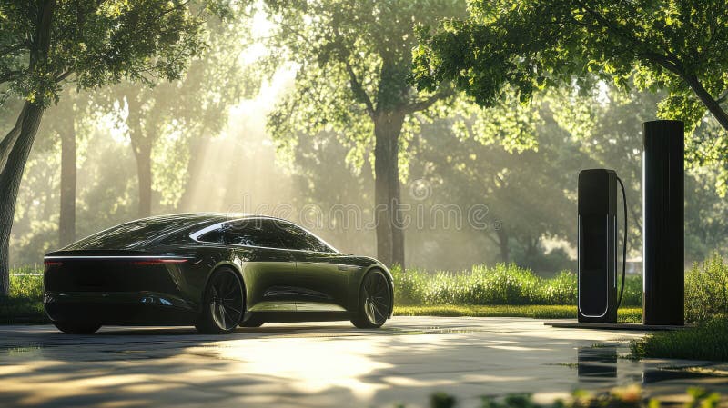 Futuristic Electric Car Charging in Sunlit Forest Environment. Net Zero ...
